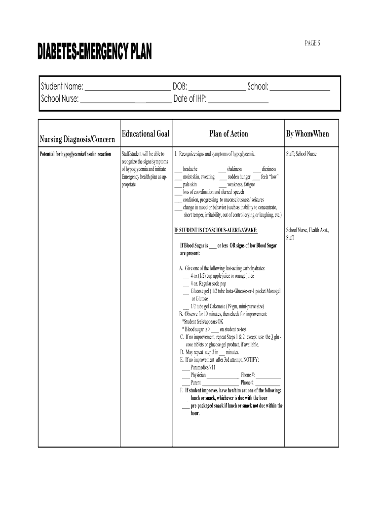 Fillable Online nmschoolhealthmanual Diabetes Emergency Plan ...