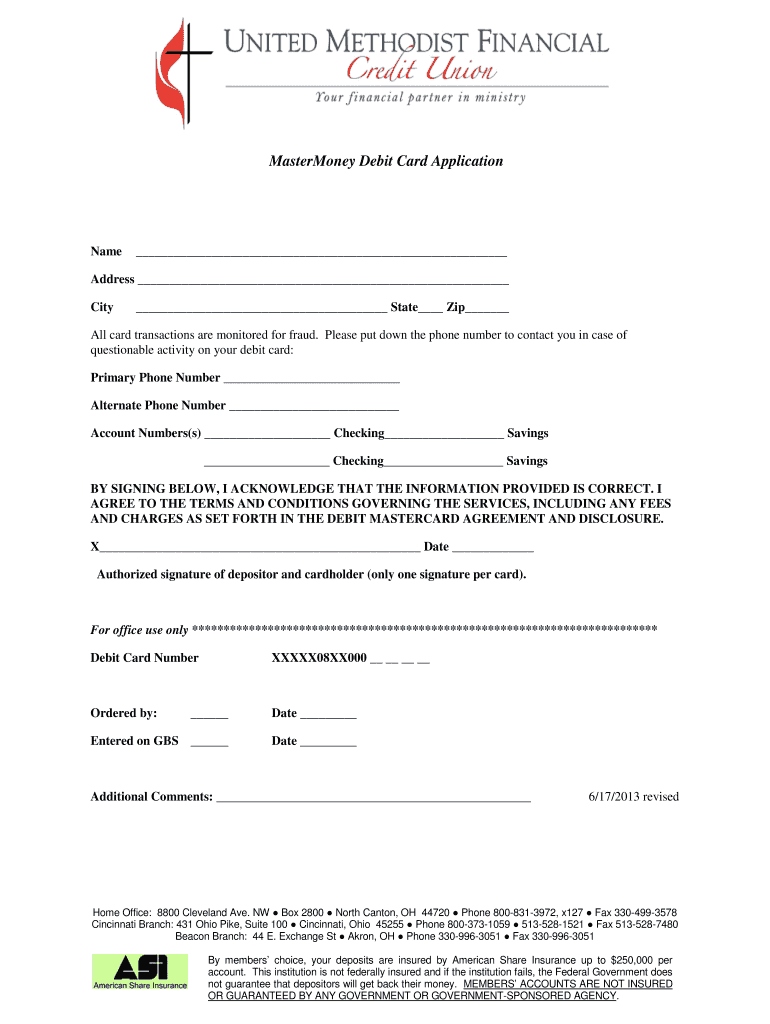 Fillable Online MasterMoney Debit Card Application - umethodistcom Fax ...