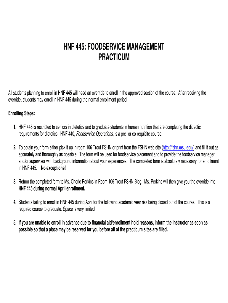 Fillable Online canr msu HNF 445 FOODSERVICE MANAGEMENT PRACTICUM ...