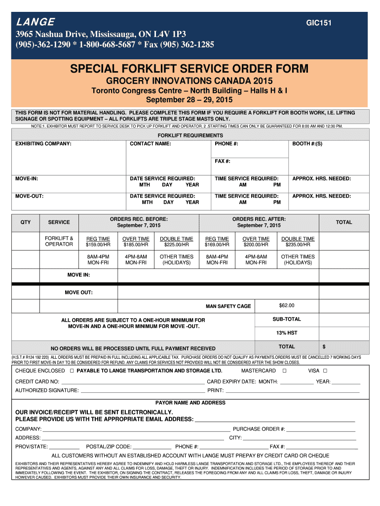 Fillable Online SPECIAL FORKLIFT SERVICE ORDER FORM - CFIG Fax Email Print - pdfFiller