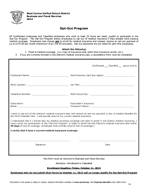 Fillable Online West Covina Unified School District Business and Fiscal Services 2014 OptOut ...