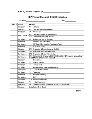 Fillable Online cesa7 CESA 7 School District of IEP Forms Checklist ...