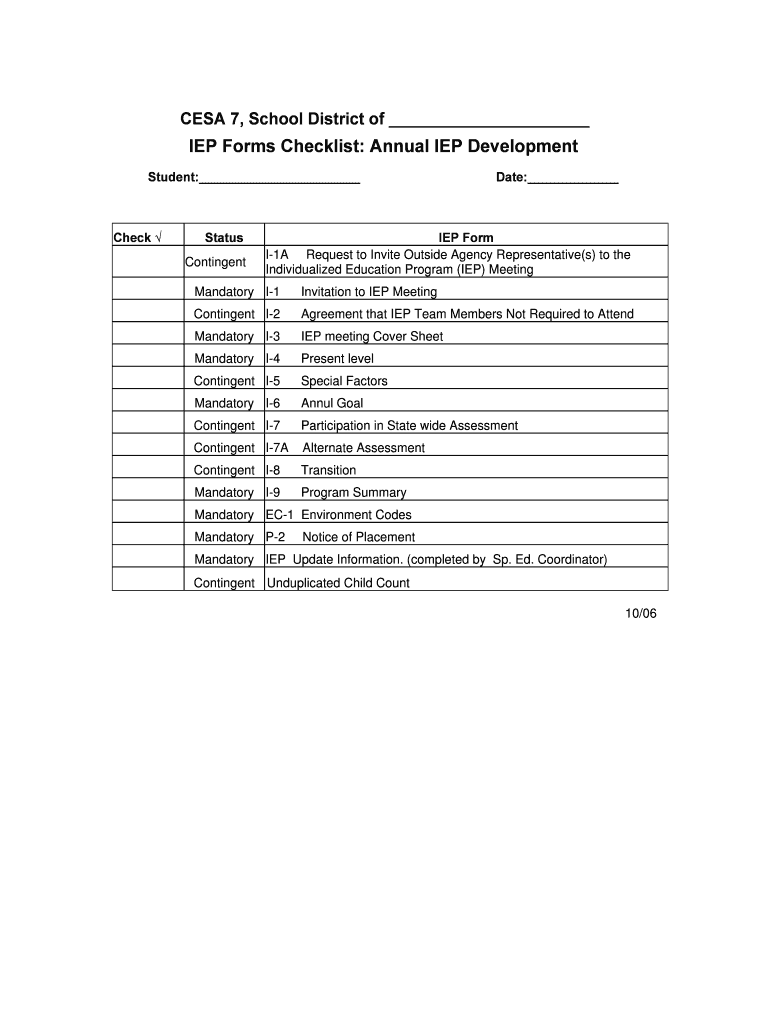Fillable Online cesa7 IEP Forms Checklist Annual IEP Development - CESA ...