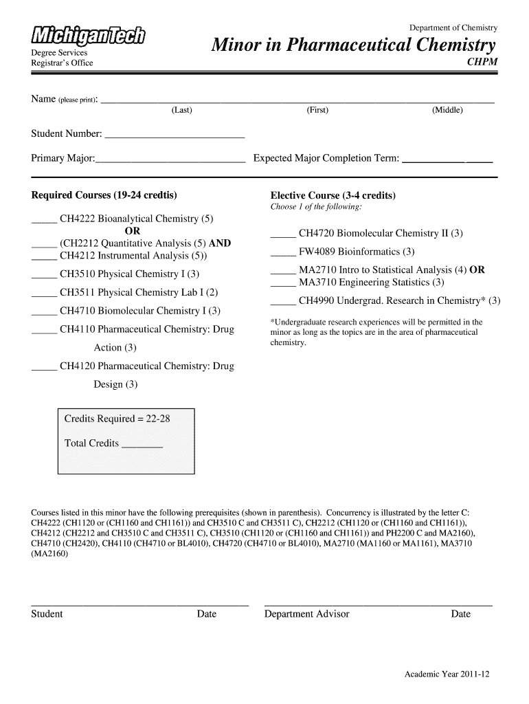 Fillable Online chemistry mtu Department of Chemistry Minor in ...