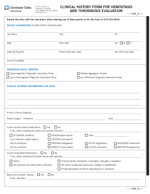 Fillable Online CLINICAL HISTORY FORM FOR HEMOSTASIS AND THROMBOSIS Fax ...