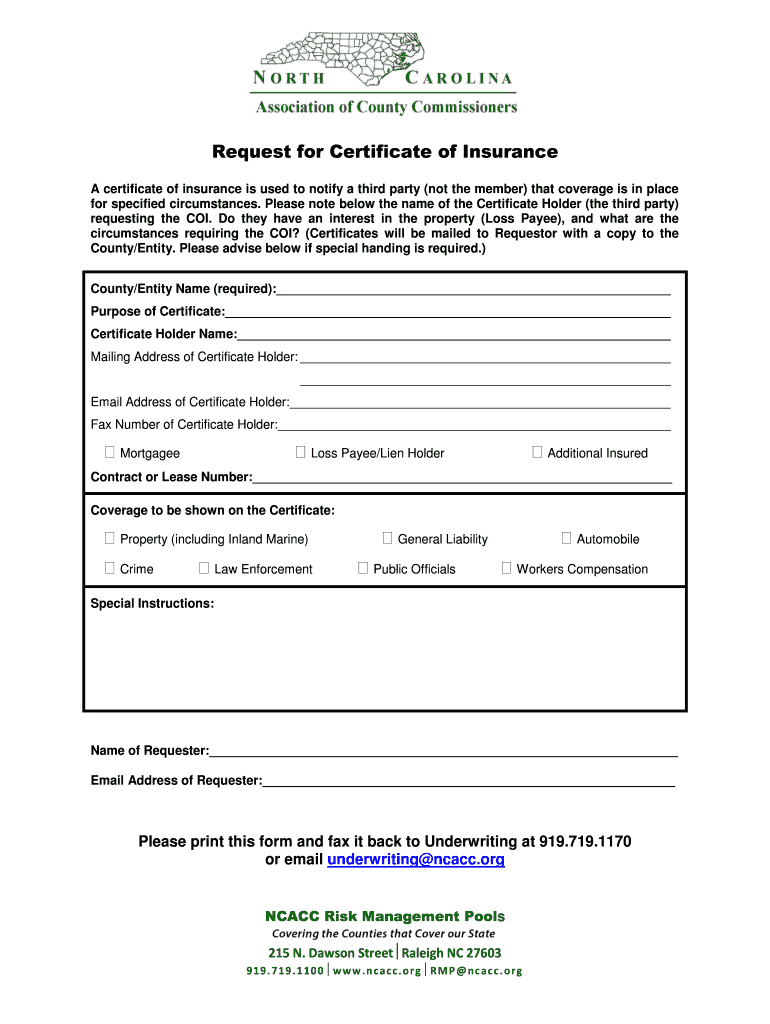 Fillable Online ncacc Request for Certificate of Insurance - NCACC ...