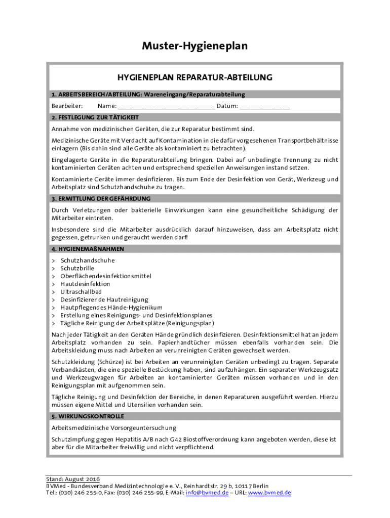 Ausfüllbar Online Muster-Hygieneplan - BVMed Fax Email Drucken - pdfFiller