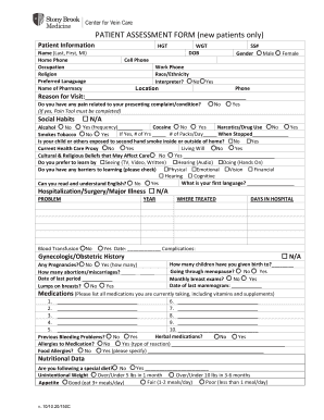 Fillable Online vein stonybrookmedicine PATIENT ASSESSMENT FORM new ...