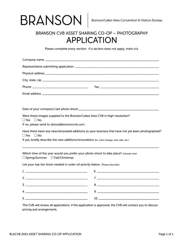 Fillable Online BRANSON CVB ASSET SHARING CO-OP PHOTOGRAPHY APPLICATION ...