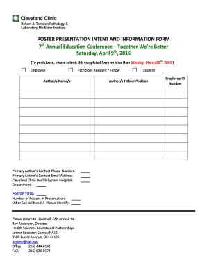 Fillable Online my clevelandclinic POSTER PRESENTATION INTENT AND ...