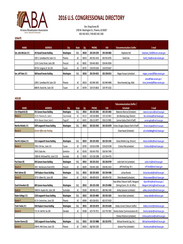 Fillable Online azbroadcasters Printable US Congressional Directory ...