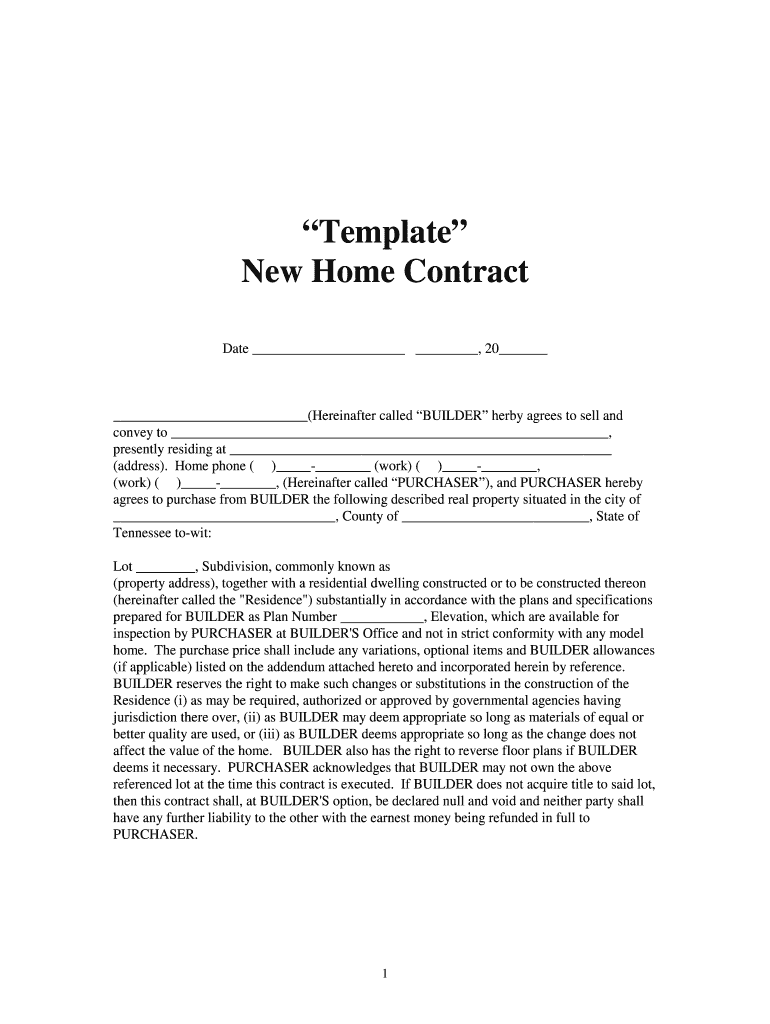 Fillable Online hbat Template New Home Contract - Home Builders ...