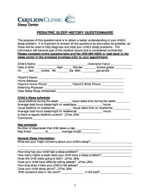 Fillable Online PEDIATRIC SLEEP HISTORY QUESTIONNAIRE Fax Email Print ...