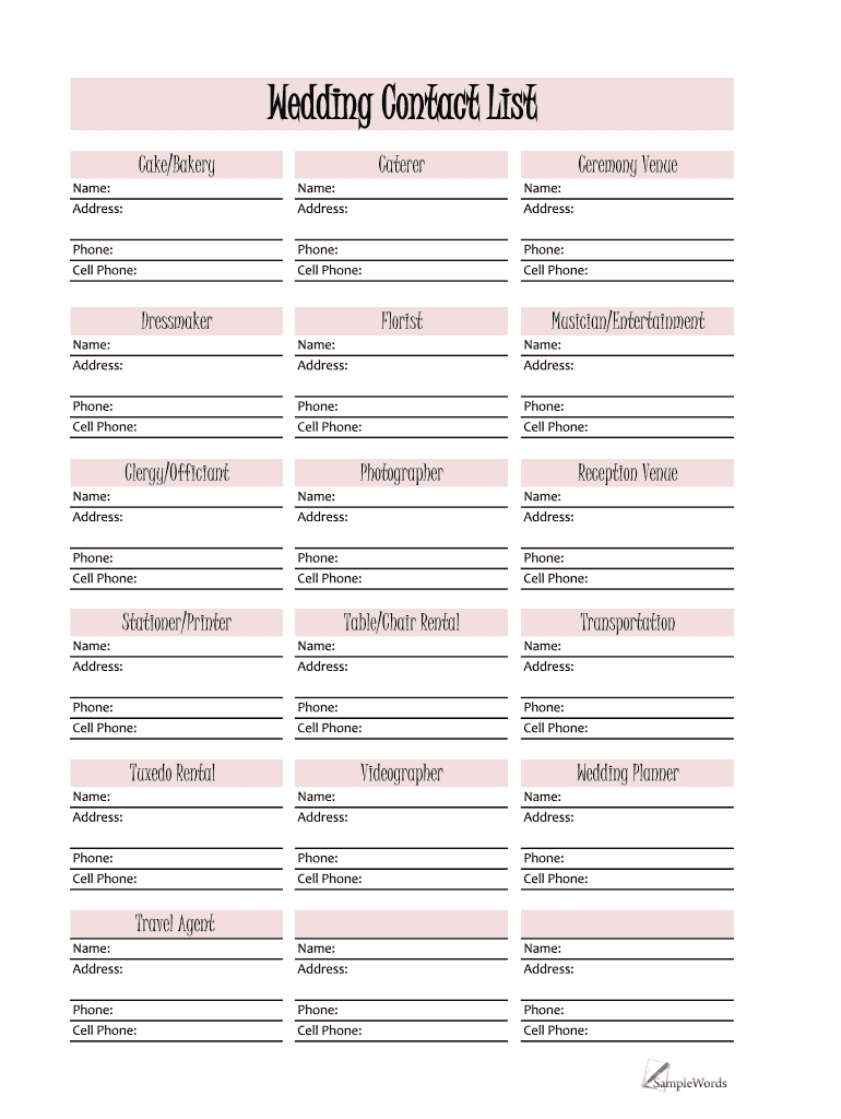 Wedding Vendor List Template Fill Online Printable Fillable Blank 