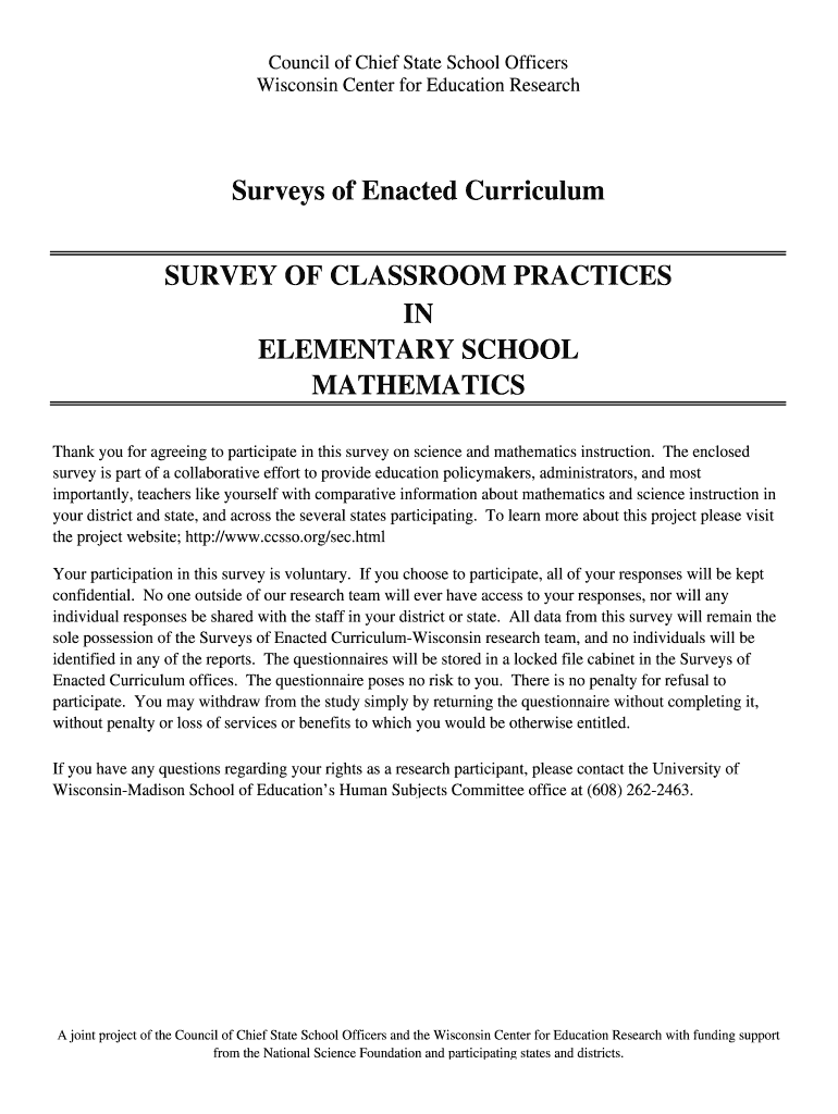 Fillable Online jsmithson wceruw Surveys of Enacted Curriculum SURVEY ...