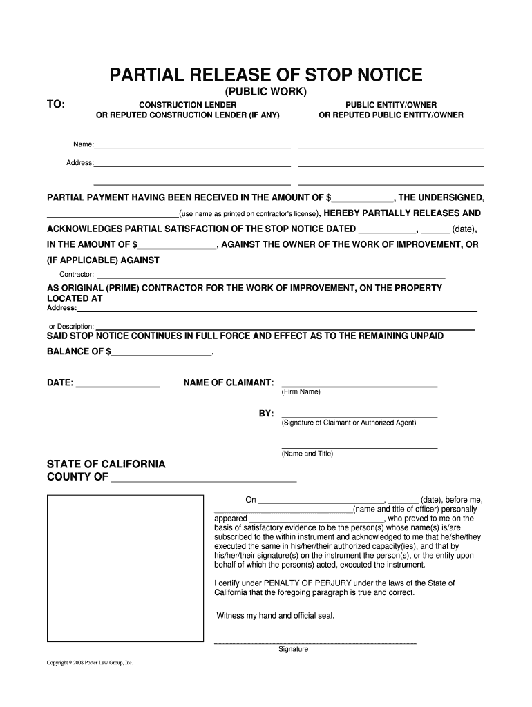 Fillable Online Public Partial Release of Stop Notice Fax Email Print ...