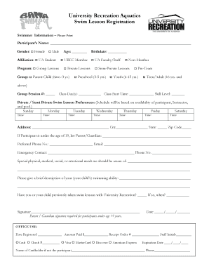 Fillable Online urec sa ua UREC Swim Lesson Registration Form Summer ...