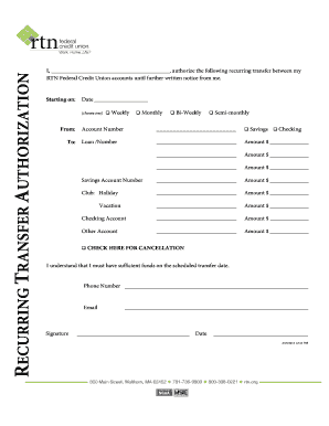 Fillable Online rtn Recurring Transfer Authorization - RTN Fax Email ...