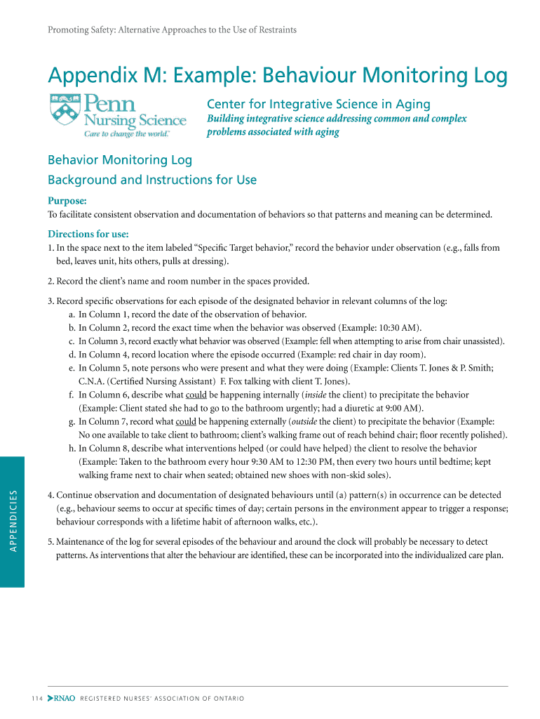 Fillable Online ltctoolkit rnao Appendix M Example Behaviour Monitoring ...