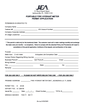 Fillable Online Fire Hydrant Permit Application RvsdSeptember2009 - JEA ...