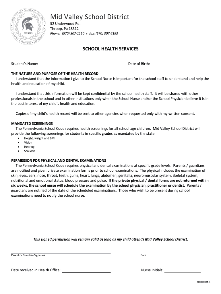 Fillable Online mvsd School Health Records - Mid Valley School District ...
