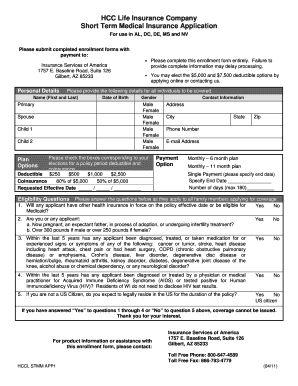 Fillable Online HCC Life Insurance Company Short Term Medical Insurance ...