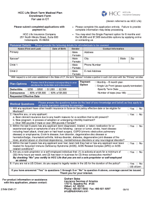Fillable Online HCC Life Short Term Medical Plan Enrollment Form For ...