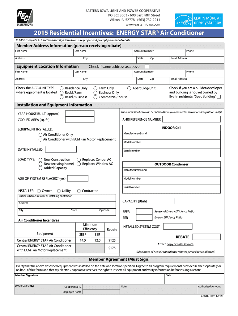 Fillable Online 2015 Residential Incentives: ENERGY STAR Air ...