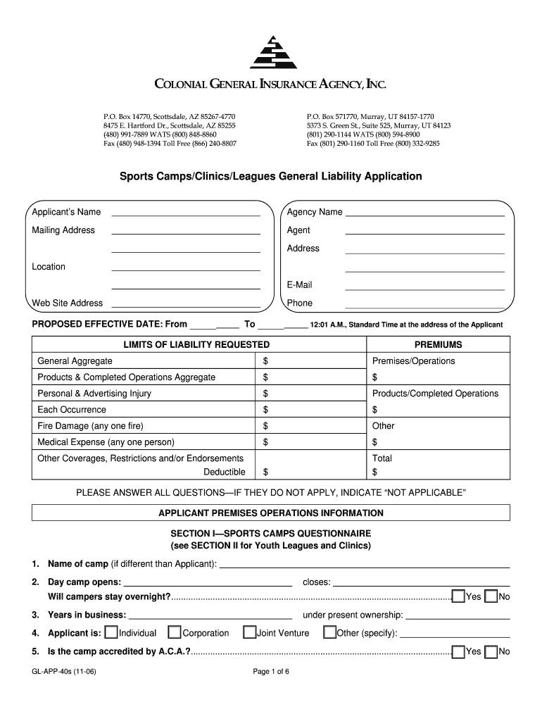 Fillable Online Sports Camps/Clinics/Leagures General Liability ...