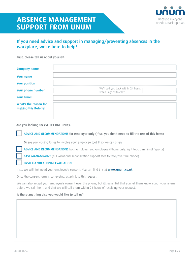 Fillable Online ABSENCE MANAGEMENT SUPPORT FROM UNUM Fax Email Print ...