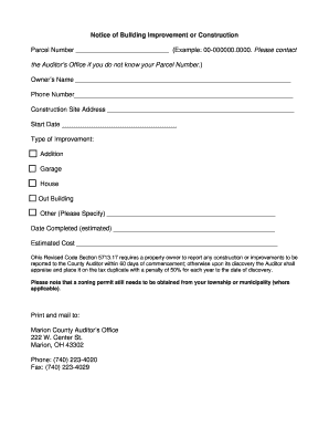 Fillable Online co marion oh Notice of Building Improvement or ...