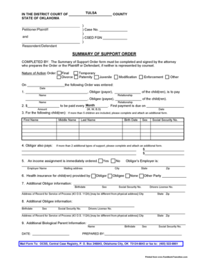 Fillable Online SUMMARY OF SUPPORT ORDER ...
