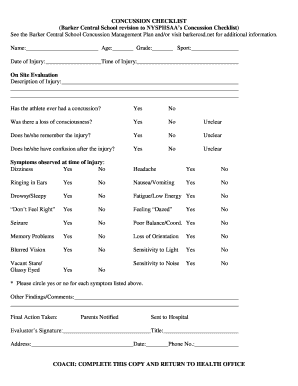 Fillable Online CONCUSSION CHECKLIST Barker Central School revision Fax ...