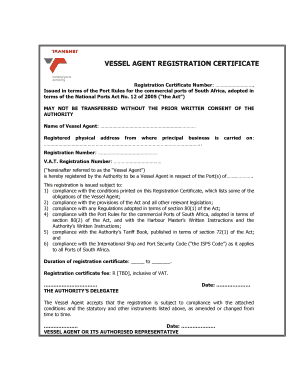 Fillable Online VESSEL AGENT REGISTRATION CERTIFICATE Fax Email Print ...