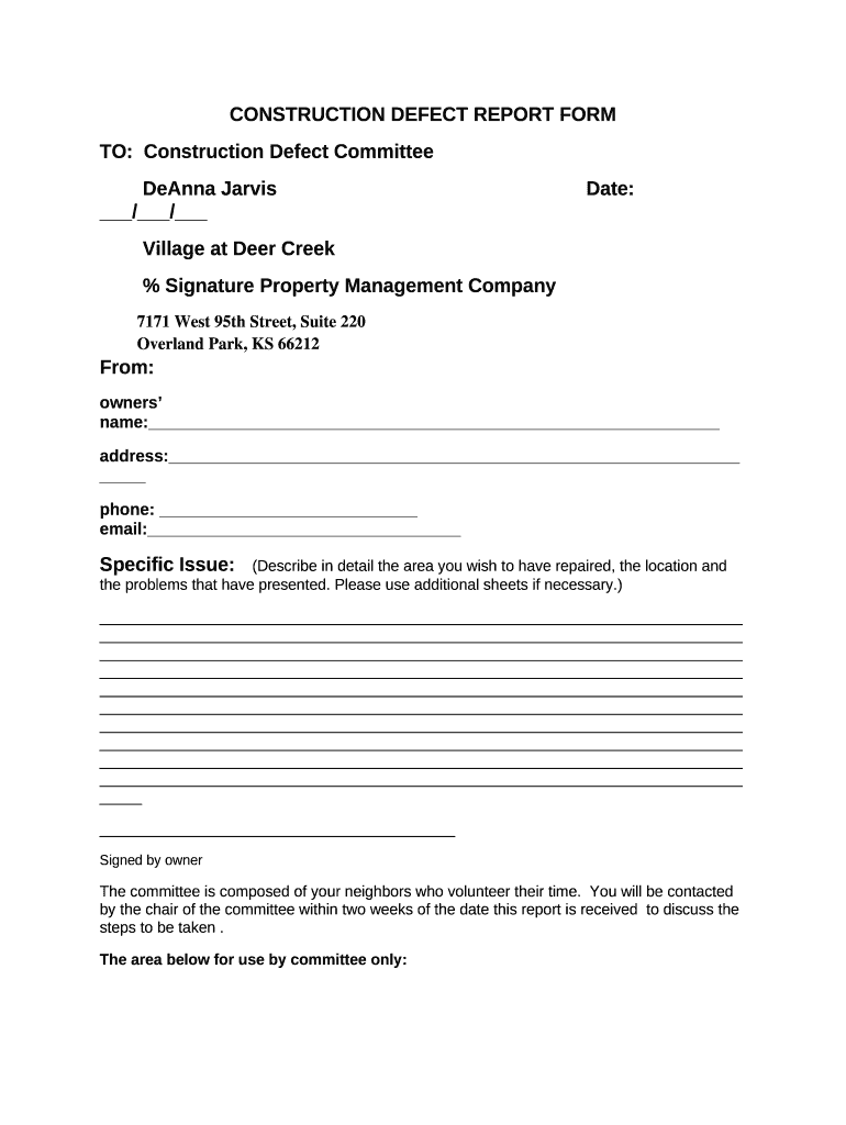 Fillable Online CONSTRUCTION DEFECT REPORT FORM TO Construction Defect ...