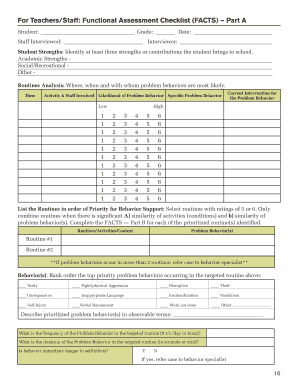 Fillable Online For TeachersStaff Functional Assessment Checklist FACTS ...