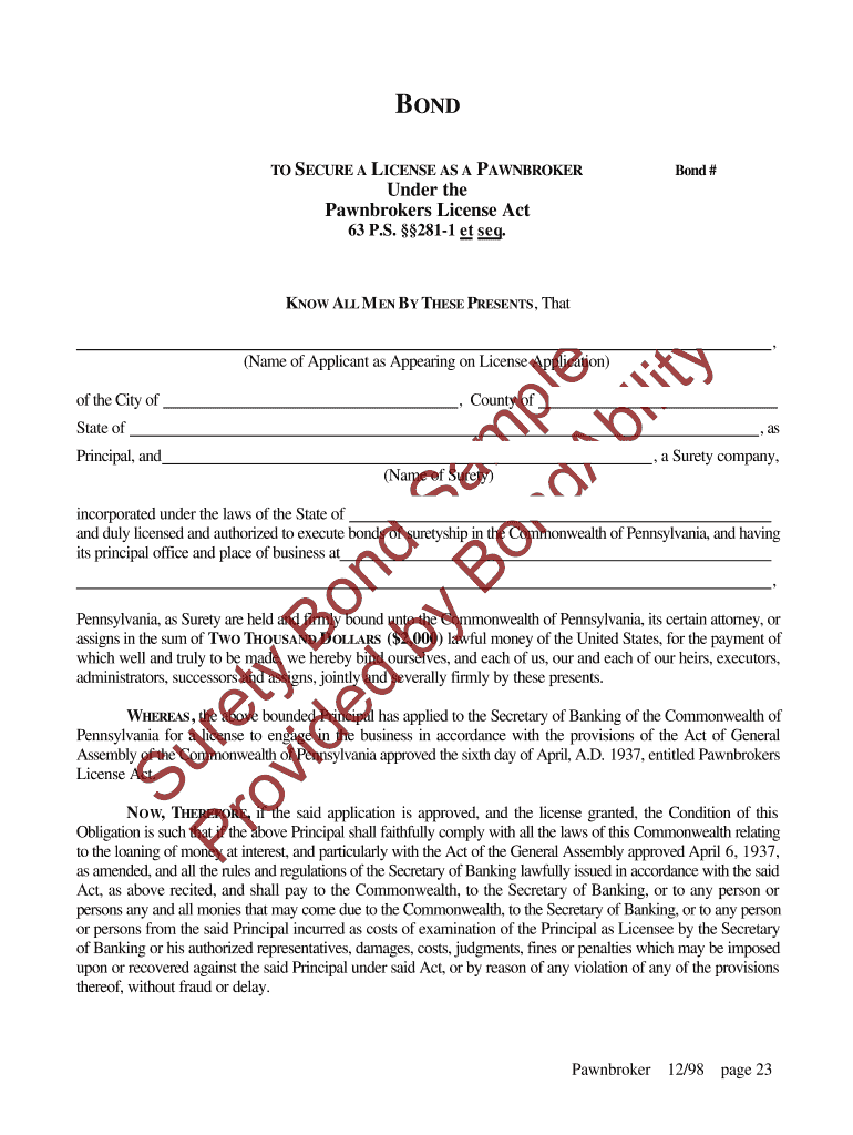 Fillable Online PAPAWN Surety Bond. Surety Bond Preview - BondAbility ...