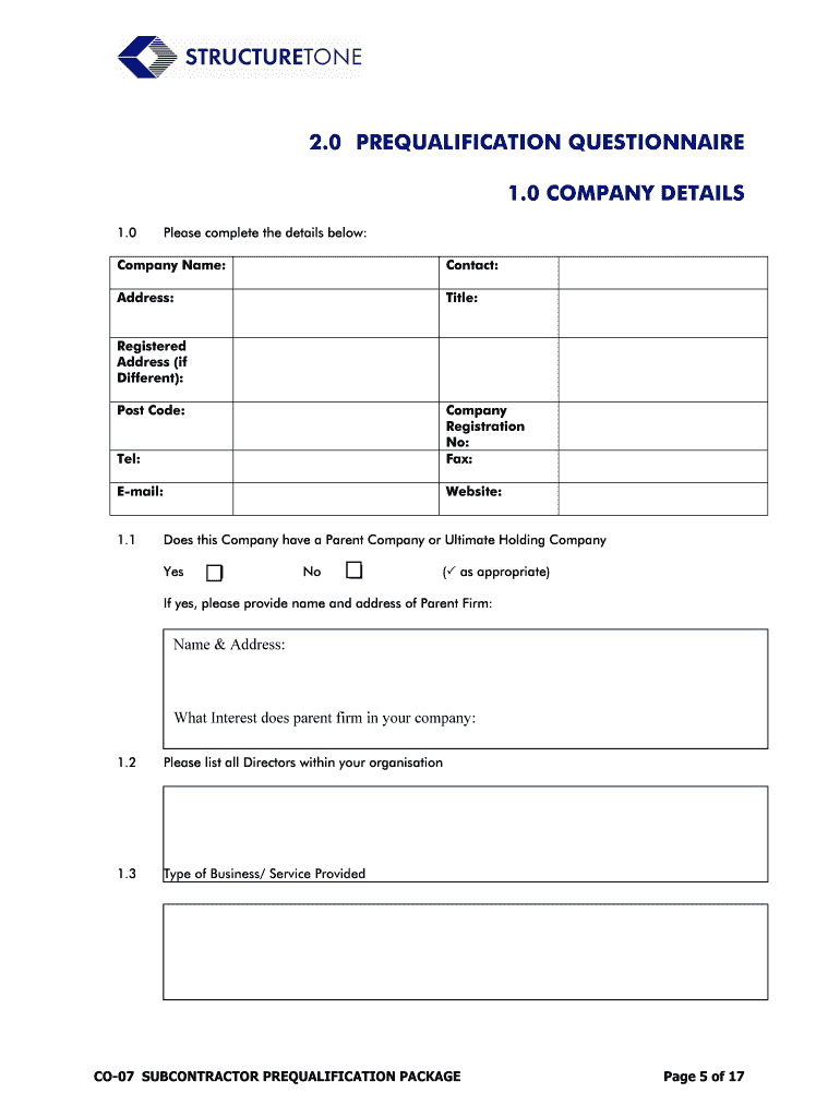Fillable Online CO-07 Subcontractor Pre-qualification package 2010 ...
