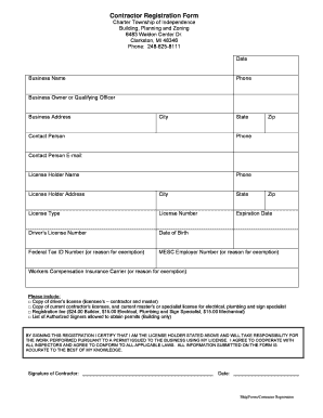 Fillable Online Contractor Registration Form - twpindependencemius Fax ...