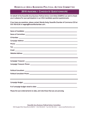 Fillable Online 2016 ASSEMBLY CANDIDATE QUESTIONNAIRE - Roseville ...