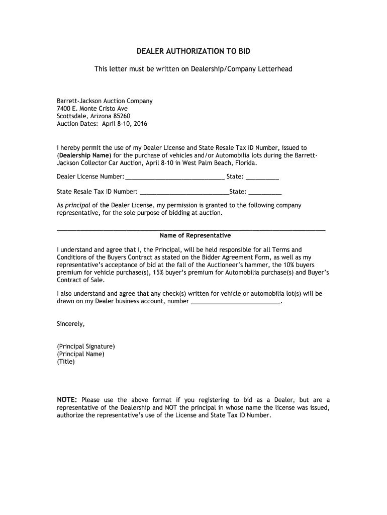 Fillable Online DEALER AUTHORIZATION TO BID This letter must be written ...