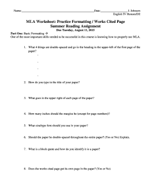 Fillable Online zacharyhigh MLA Worksheet Practice Formatting Works ...