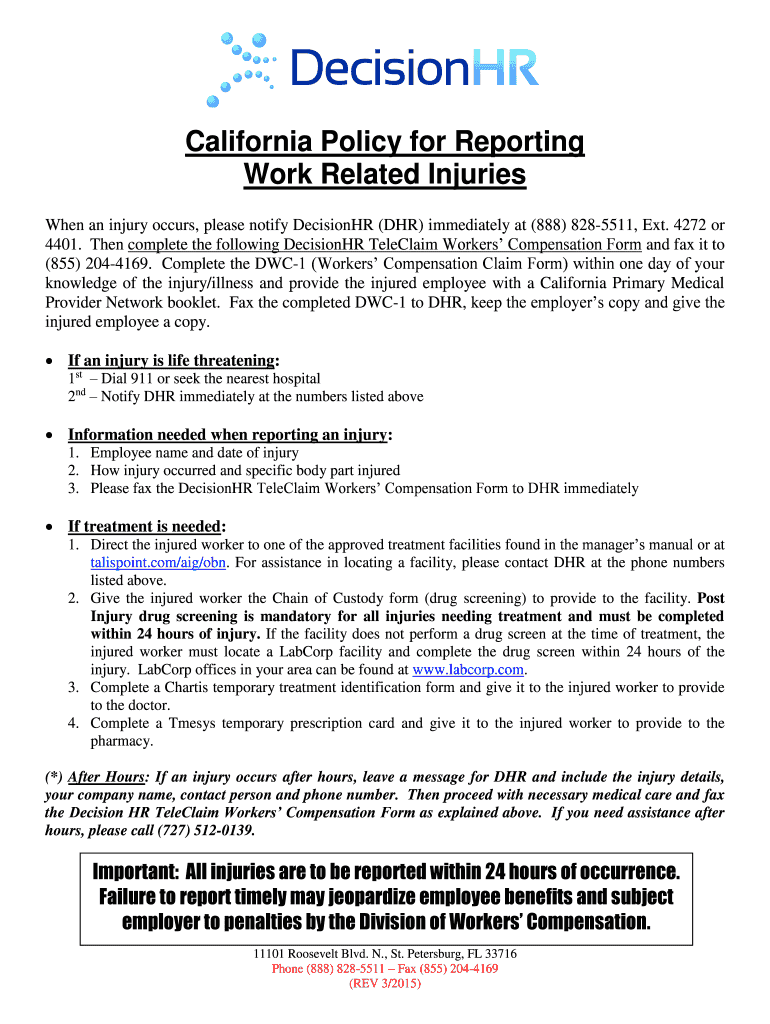 Fillable Online WC Injury Reporting Form - DecisionHR Fax Email Print ...