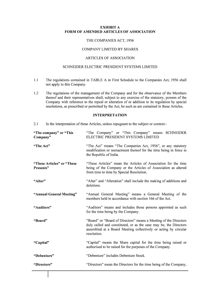 Fillable Online EXHIBIT A FORM OF AMENDED ARTICLES OF ASSOCIATION Fax ...