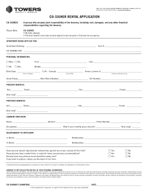 Fillable Online Co-signer rentAl AppliCAtion - Towers Realty Fax Email ...