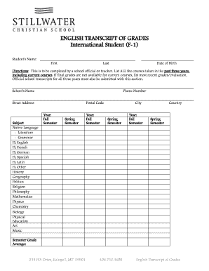Fillable Online stillwaterchristianschool ENGLISH TRANSCRIPT OF GRADES ...