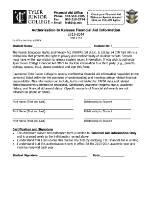 Fillable Online Authorization to Release Financial Aid Information 2013-2014 Fax Email Print ...