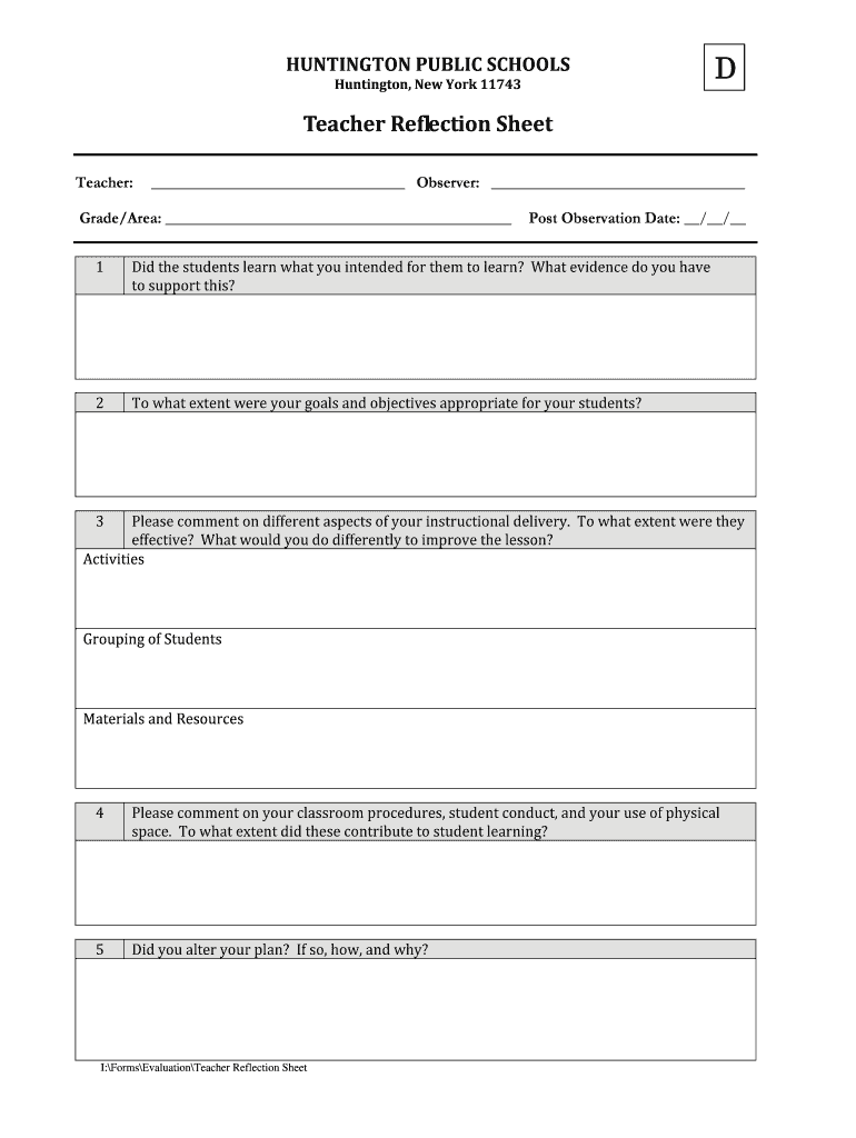 Fillable Online hufsd Teacher Reflection Sheet - Huntington Public ...