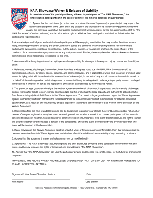 Fillable Online NAIA Showcase Waiver Release of Liability Fax Email ...