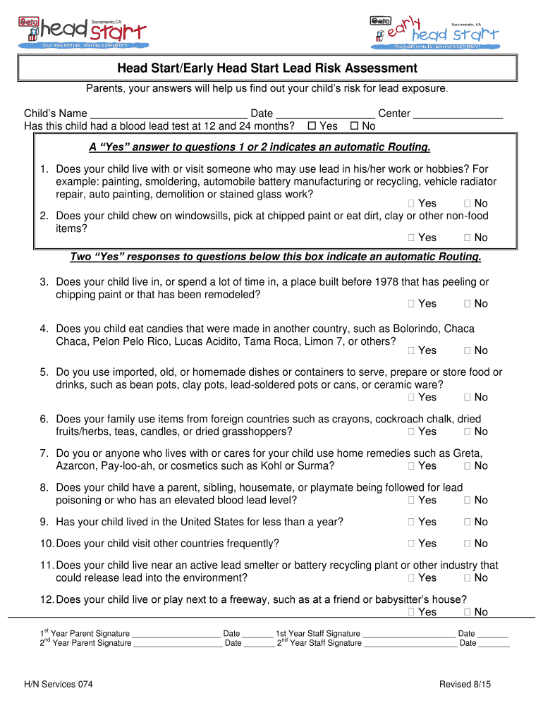 Fillable Online Head StartEarly Head Start Lead Risk Assessment Fax ...